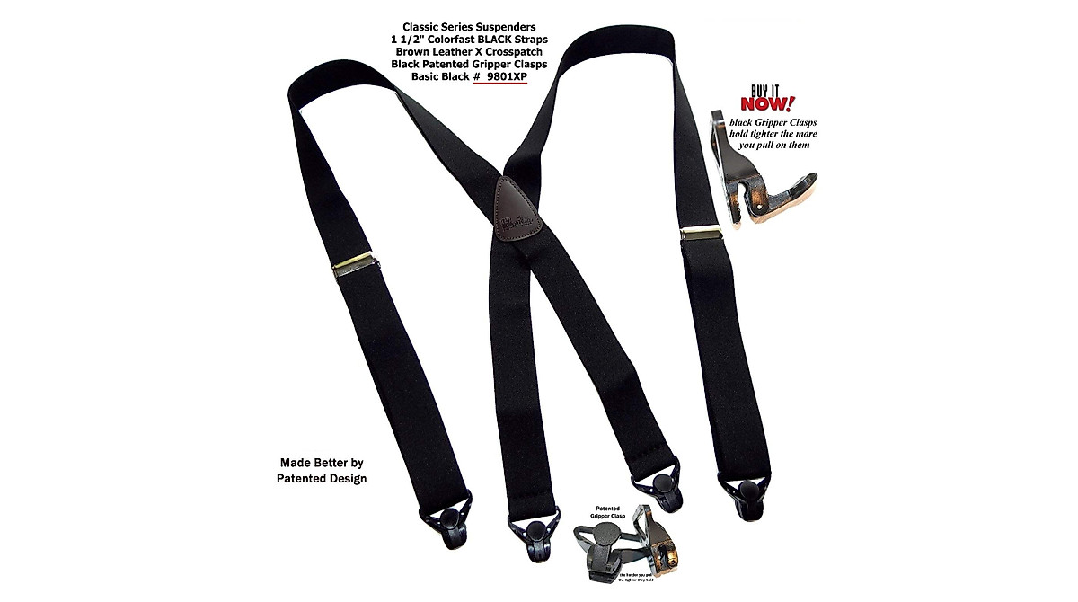 HoldUp Classic Black Suspenders with Gripper Clasp