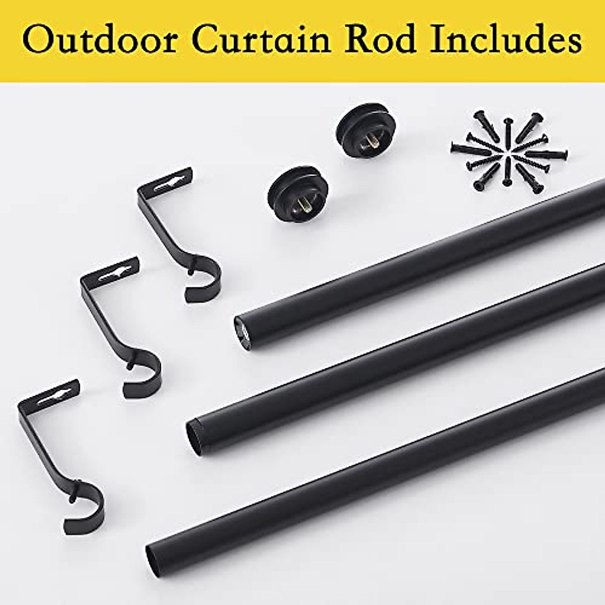 NICETOWN Rustproof & Waterproof Heavy Duty Outdoor Patio Curtain Rod Set with Classic Groove Round Finials, 1 inch Diameter Adjustable Length 72 to 144" Length, Matte Black