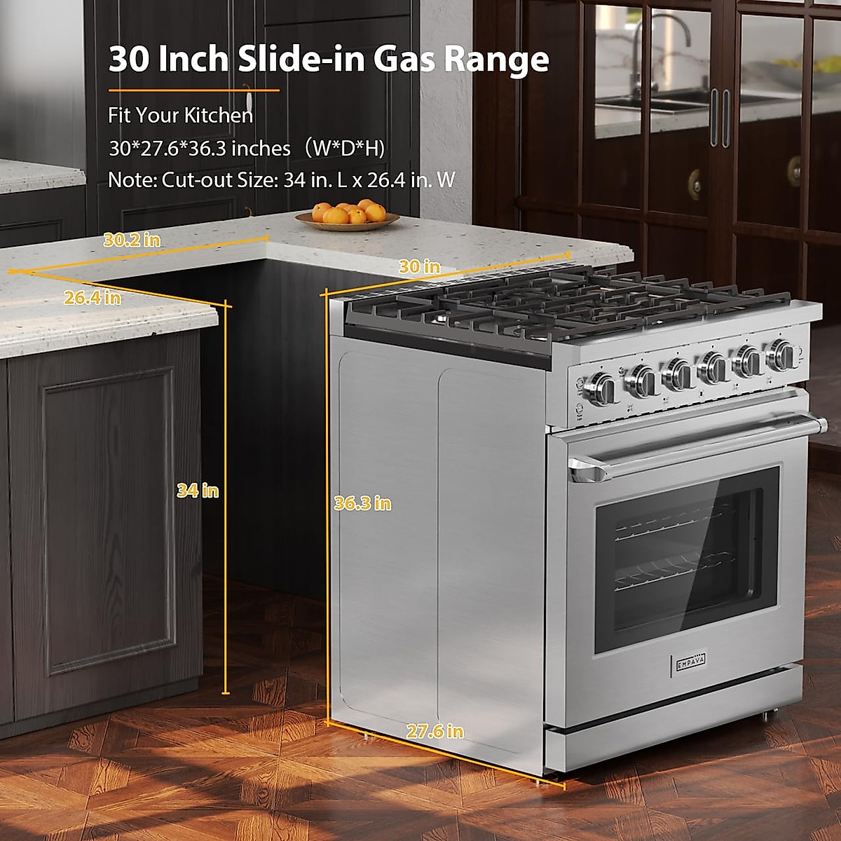 Empava Slide-in & Freestanding Gas Range Stove,4.55 Cu. Ft. Convection Oven Capacity with Mechanical Knobs Control-Heavy Duty Cast Iron Grates 5 Sealed Burners Cooktop, Stainless Steel,30 Inch