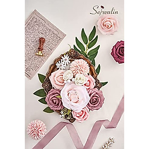 Serwalin Artificial Flowers Dusty Rose Fake Silk Flowers for DIY Wedding Bridal Bouquets Pink Fake Rose Flowers Combo Centerpieces Arrangements Party Baby Showers Home Cake Decorations