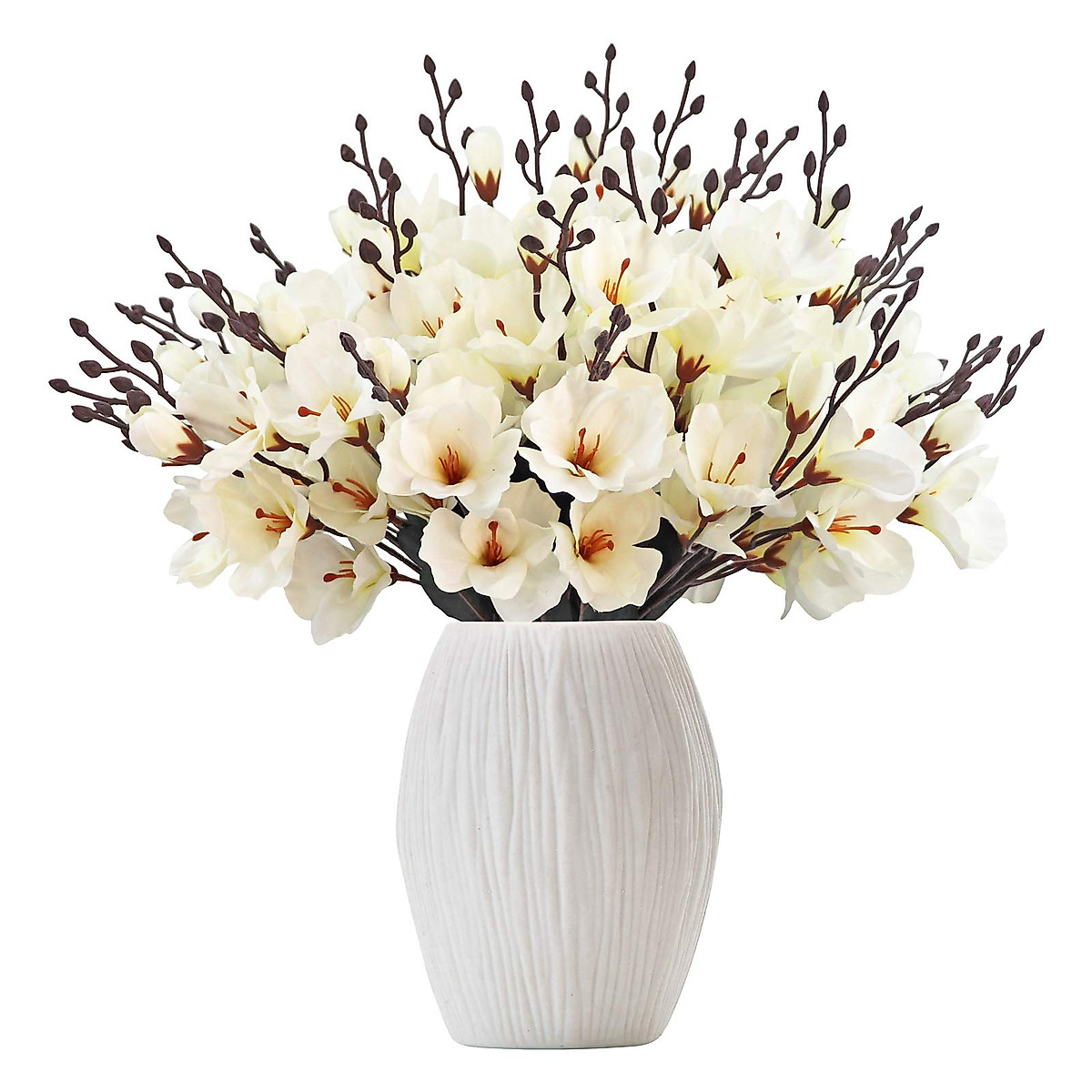 MINYULUA 6pc Artificial Magnolia Flower Silk Flowers Branches Faux Flower Bouquet for Home Wedding Decoration,Home Decor Party Garden Office (White)