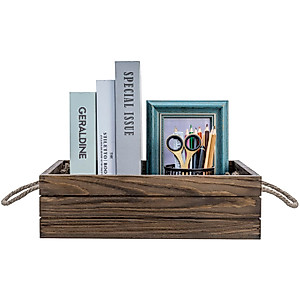 MyGift 13 Inch Rustic Brown Wood Decorative Storage Organizer Bin with Rope Handles, Open Top Small Crate Box for Bathroom Accessories, Books, Crafts, Fruits