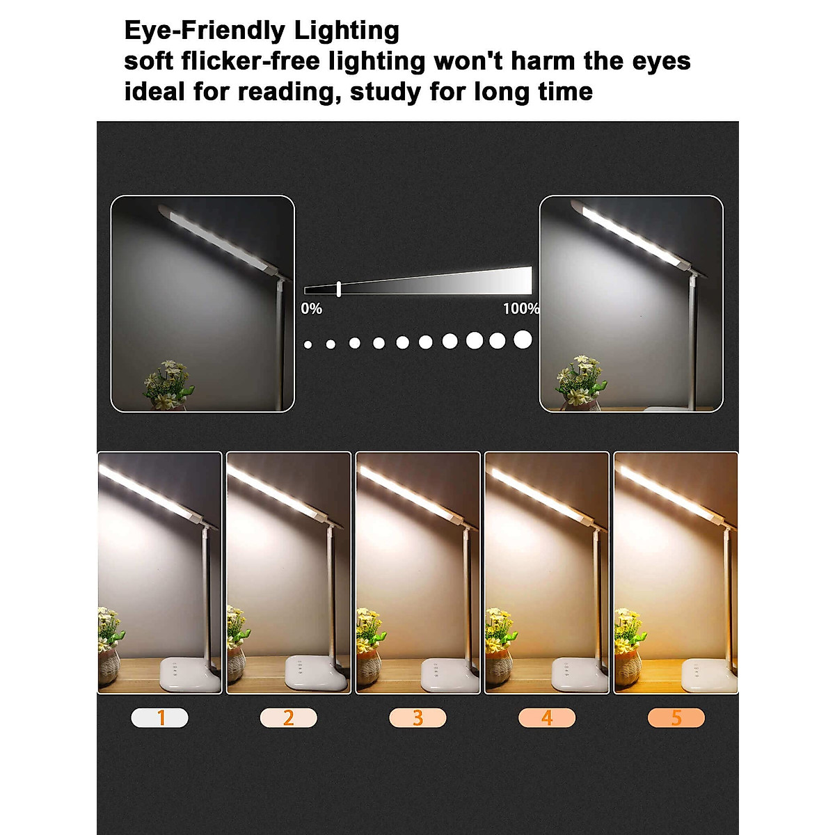 LED Desk Lamp for Home Office - Dimmable, Eye-Caring Reading Table Lamp, 5 Lighting Modes 10 Brightness Levels, Touch Control, 30/60 min Auto Timer