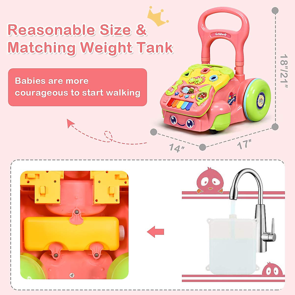 BABY JOY Sit-to-Stand Walker, 2 in 1 Pull and Push Baby Walker w/Detachable Learning Activity Panel, Adjustable Height, Music & Light, Early Development Toys for Toddlers (Pink)