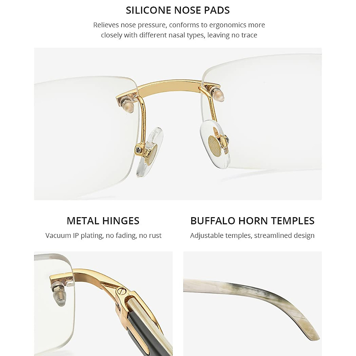 HEPIDEM 100% Really Buffalo Horn Handmade Glasses Rimless Diamonds Eyeglasses 0015 (Diamond White, 53)