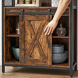VASAGLE Buffet Cabinet, Sideboard with Open Compartment, Sliding Barn Door, 27.6”L x 11.8”W x 31.5”H, Industrial Rustic Brown and Black ULSC089B01