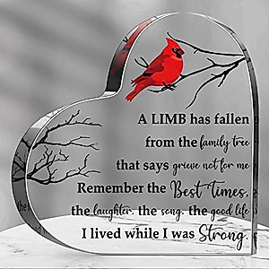 Cardinal Sympathy Gift Red Gifts Decor Memorial Bereavement Gift Crystal Acrylic Glass Heart Memorial Gift Condolence Gift for Loss of Loved One Table Remembrance Decoration Grieving Gift, 6 x 6 Inch