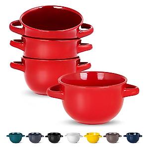 KooK Broil Safe Soup Bowls, French Onion Soup Crocks, Oven Safe Soup Mugs, Ceramic Bowls with Handles, for Rice, Dessert, Pasta, Dishwasher, Microwave, Set of 4, 18 oz (Red)