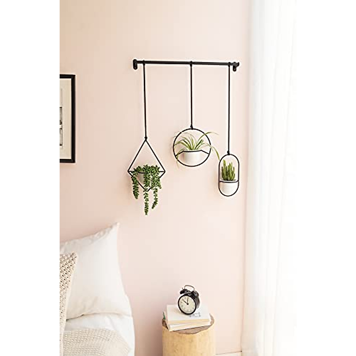 Mkono Mini Hanging Planters Indoor Herb Garden for Window, 3.5" Ceramic Plant Pot in 3 Different Metal Plant Hangers with Drainage Holes for Indoor Plants, Black/White