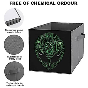 Green Aliens Head Foldable Storage Bins Printd Fabric Cube Baskets Boxes with Handles for Clothes Toys, 11x11x11