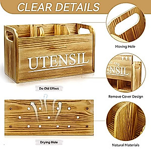 brekle Rustic Kitchen Utensil Holder Larger Wooden Utensil Holder for Kitchen Counter 3 Compartment for Efficient Utensil Organizer and Cooking Tools Storage