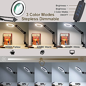 LED Magnifying Glass Desk Lamp with Clamp ,3 Color Modes 10 Levels Dimmable Adjustable Swivel Arm for Reading Rework Craft Workbench