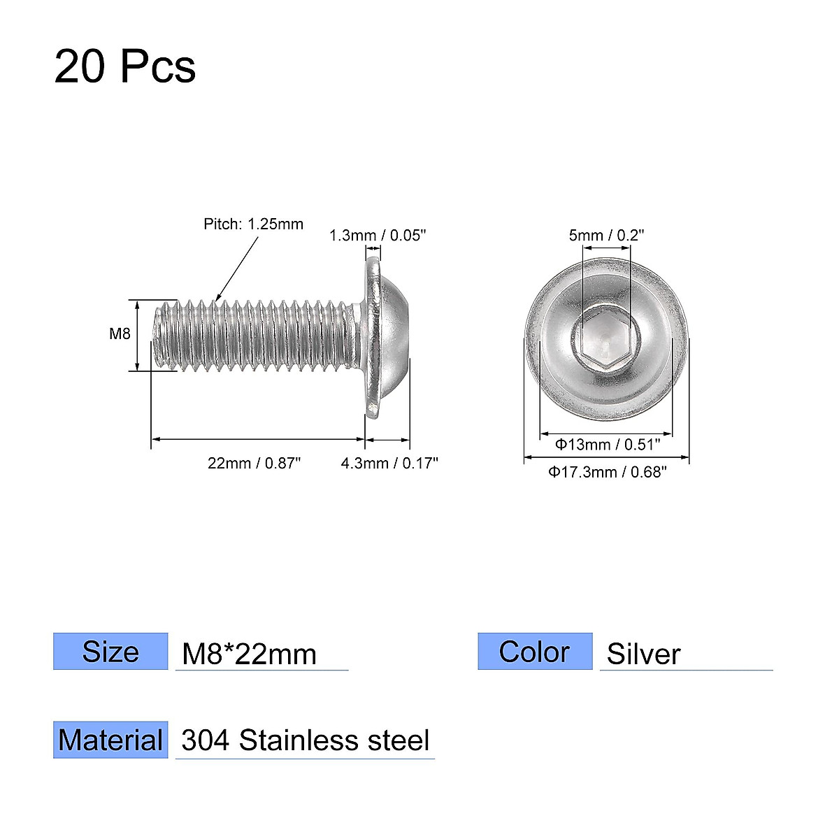 uxcell Flanged Button Head Socket Cap Screws, M8x22mm Hex Socket Drive Screw, 304 Stainless Steel Fasteners Bolts, Fully Threaded Machine Screw 20Pcs