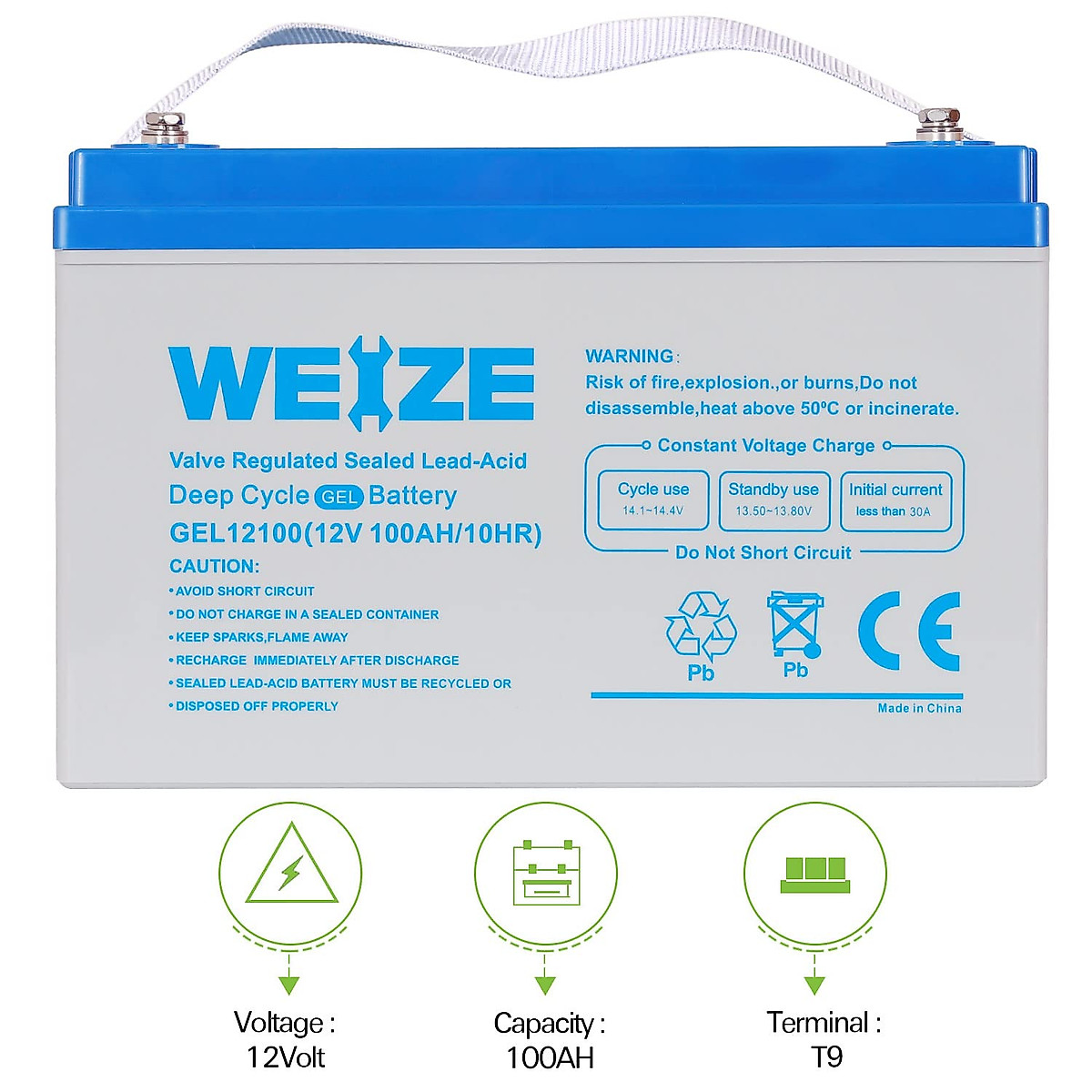 WEIZE 12V 100AH Deep Cycle Gel Battery Rechargeable for Solar, Wind, RV, Marine, Camping, Wheelchair, Trolling Motor and Off Grid Applications