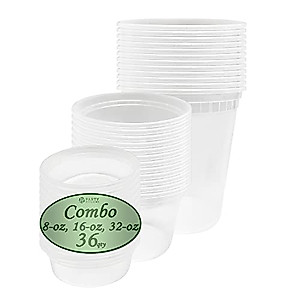 PARTY BARGAINS [36 Pack Food Containers with Lids - 8oz, 16oz, and 32oz Size Bundle, 12 Pcs Each - Deli Containers for Food, Temperature Resilient, Leak Proof & Reusable