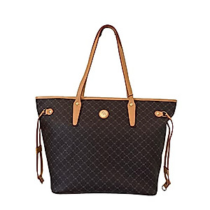 Rioni Signature Brown Designer Canvas Italian Leather Trimmed Tote Shoulder Bag