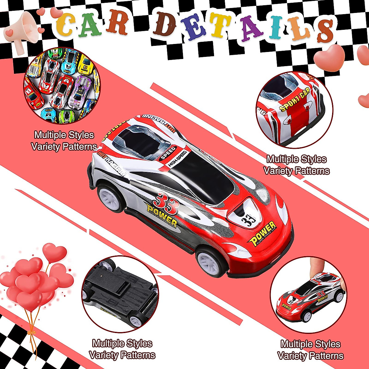 32 Pack Valentine's Day Gifts Cards with Die Cast Toy Cars Assorted Mini Pull Back Racing Plastic Vehicle Bulk for Kid School Classroom Exchange Party Favor Goodies Supplies Decor