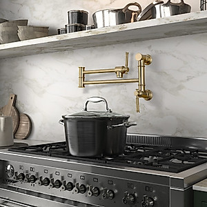 Lava Odoro Brushed Gold Pot Filler Faucet, Modern Brass Pot Filler Two-Attachment Wall Mount Folding Kitchen Pot Filler Swing Arm, PF312-SG
