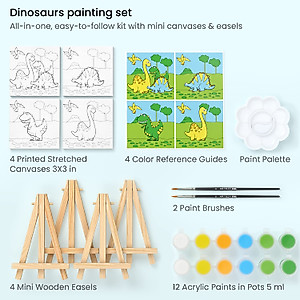 ARTEZA Kids Dinosaur Painting Kit, 4 Canvases 3 x 3 Inches, 4 Easels, 12 Acrylic Paints, 2 Paint Brushes, 1 Palette, Kids Activities for Ages 6 and Up