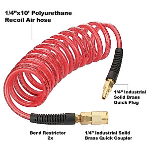 YOTOO Reinforced Polyurethane Recoil Air Hose 1/4" Inner Diameter by 10' Long, Heavy Duty, Flexible Air Compressor Hose with Bend Restrictor, 1/4" Swivel Industrial Quick Coupler and Plug, Red