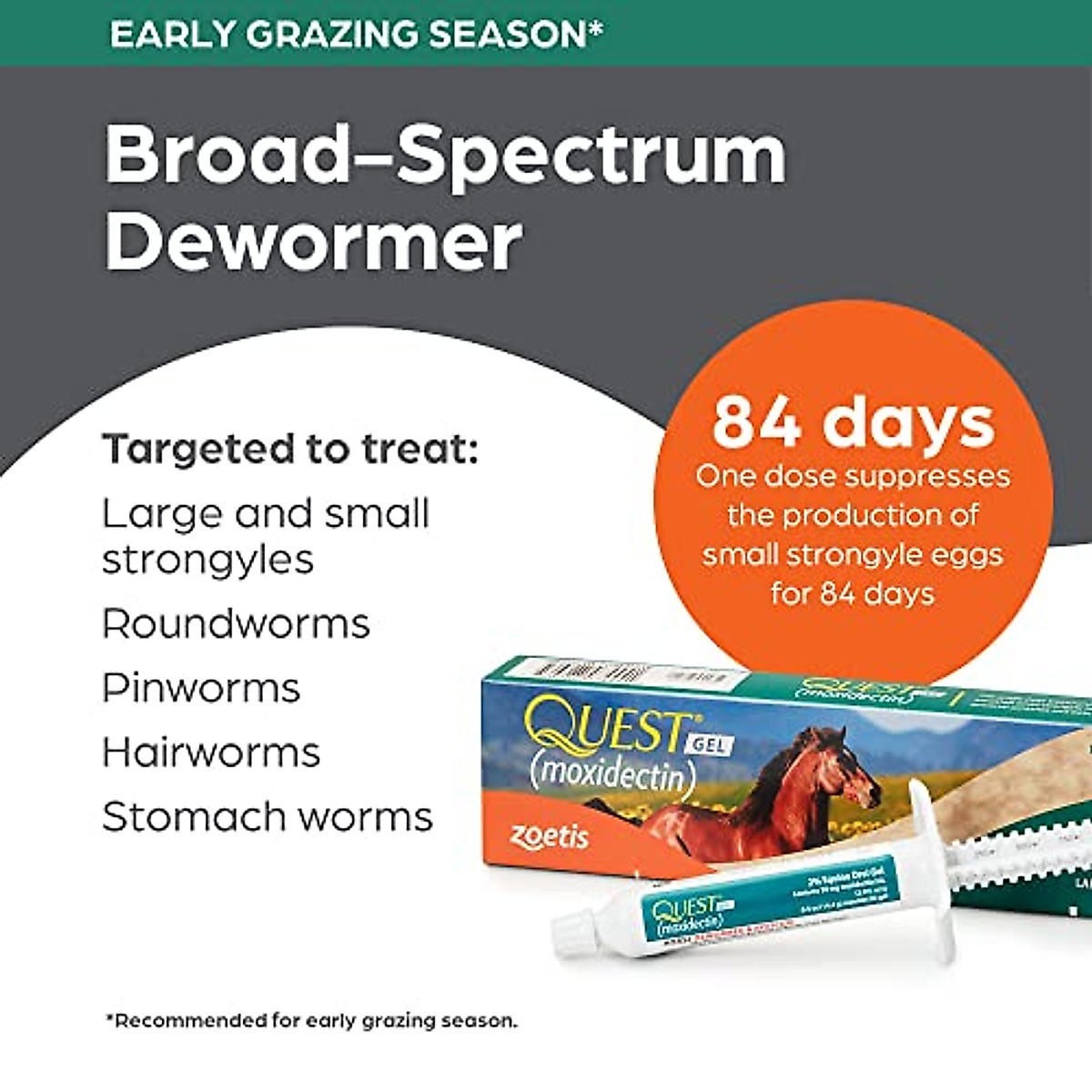 Quest Gel Moxidectin Horse Dewormer, Early Grazing Season recommended for Horses and Ponies 6 months and older, 0.5oz Sure-Dial Syringe