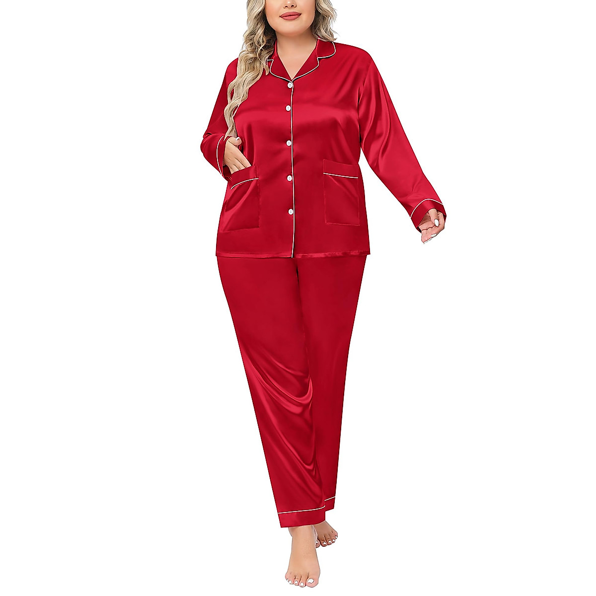 SWOMOG Women Plus Size Long Sleeve Pajamas Silk Satin Pajama Sets Button Down Sleepwear Pjs Loungewear with Pockets Red Apple