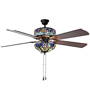 RIVER OF GOODS Tiffany-Style Halston Stained Glass Ceiling Fan - 52" L x 52" W - Mahogany and Black Fan Blades - Blue
