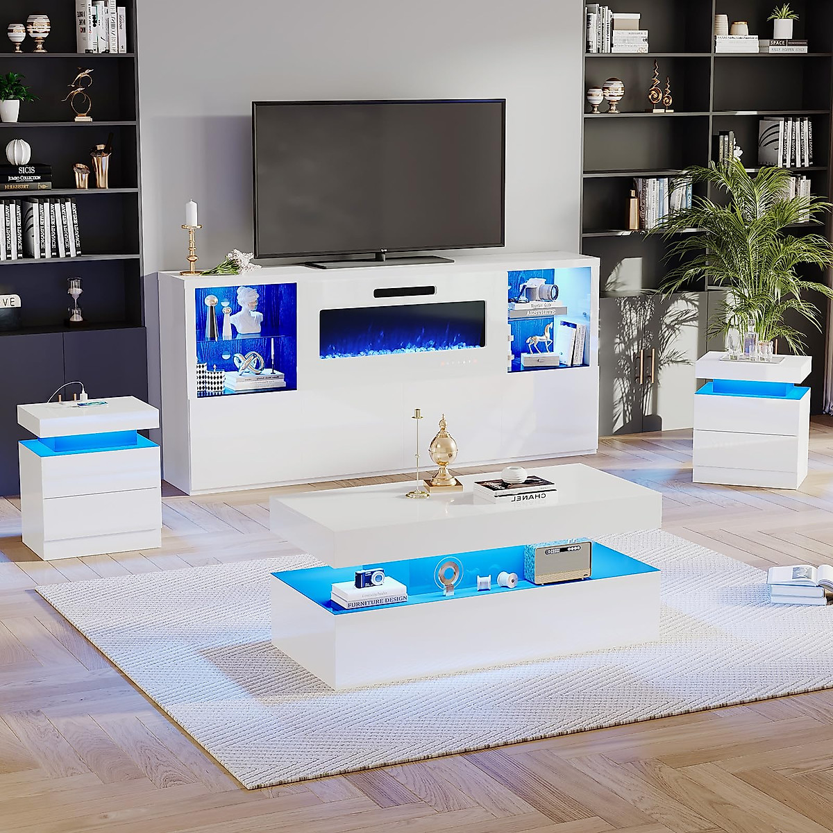 AMERLIFE 68" Fireplace TV Stand with 40" Fireplace, Modern High Gloss Fireplace Entertainment Center with LED Lights for TVs up to 78", TV Console with Glass Shelves for Living Room, White