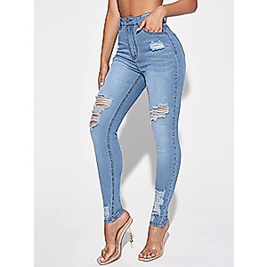 Floerns Women's High Waisted Ripped Skinny Jeans Destroyed Denim Pants Light Blue S