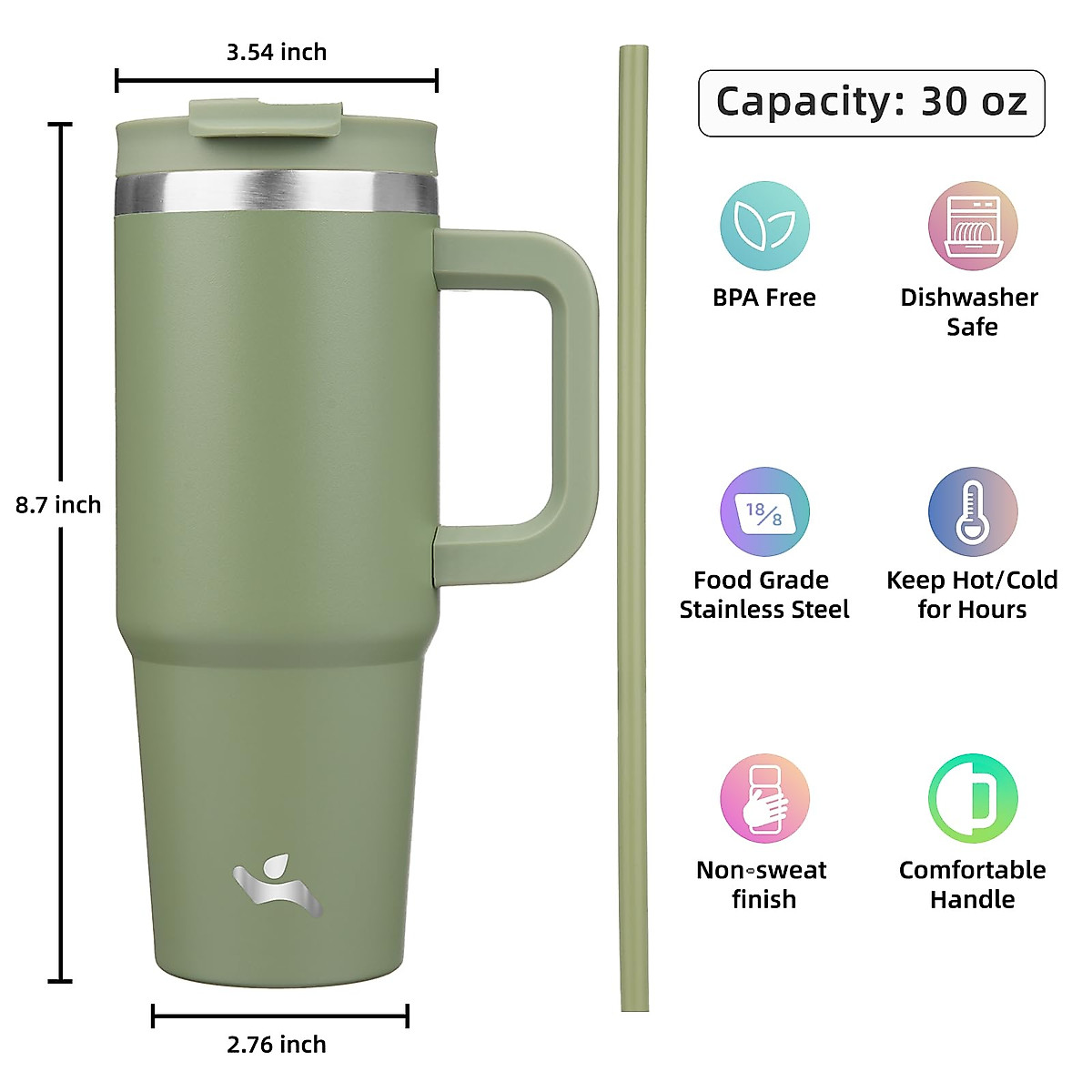 Konokyo 30 oz Tumbler with Handle and 2 Straws,2 in 1 Lid Insulated Water Bottle Stainless Steel Travel Coffee Mug,Army Green