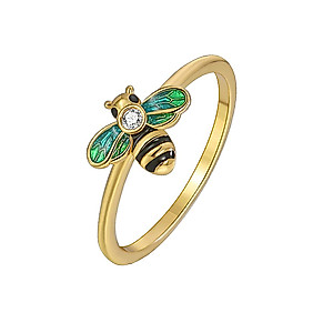 CZ Bee Promise Band Ring for Women 14K Gold Plated Dainty Cute Crystal Blue Green Bumblebee Honeybee Statement Stackable Finger Rings Comfort Fit Fashion Birthday Wedding Holiday Jewelry Gift Size 8
