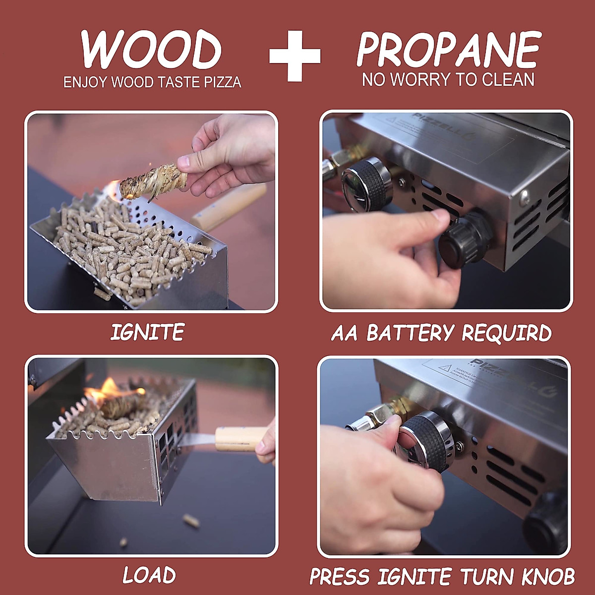 PIZZELLO 12" Outdoor Pizza Oven Propane & Wood Fired Pizza Maker Multi-Fuel Pizza Ovens with Gas Burner, Wood Tray, Stone, Pizza Peel, Cover, Forte Gas (Red)