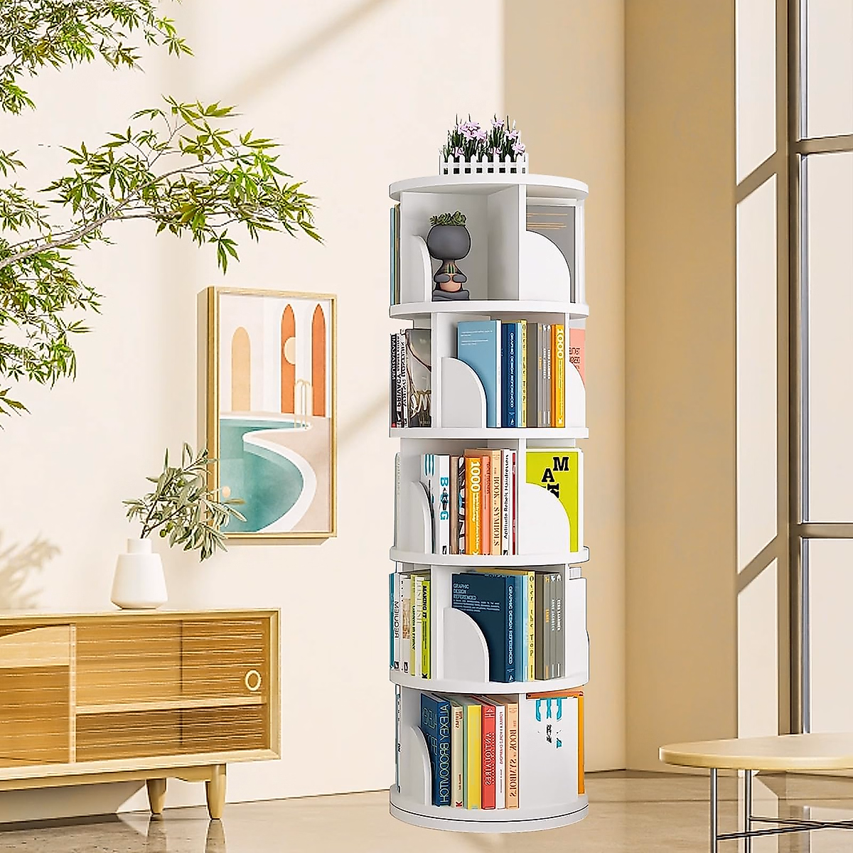 Rotating Bookshelf Tower, 360 Display 5 Tier Floor Standing Bookcase Storage Rack for Kids&Adults, Corner Bookshelf for Small Space, Book Shelf Rotating Bookcase for Bedroom, Living Room, Study