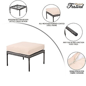 Festival Depot Patio Wicker Ottoman, All-Weather Rattan Sectional Square Footrest Outdoor Furniture with Metal Frame Removable Cushion for Garden Pool Backyard Lawn (Beige)