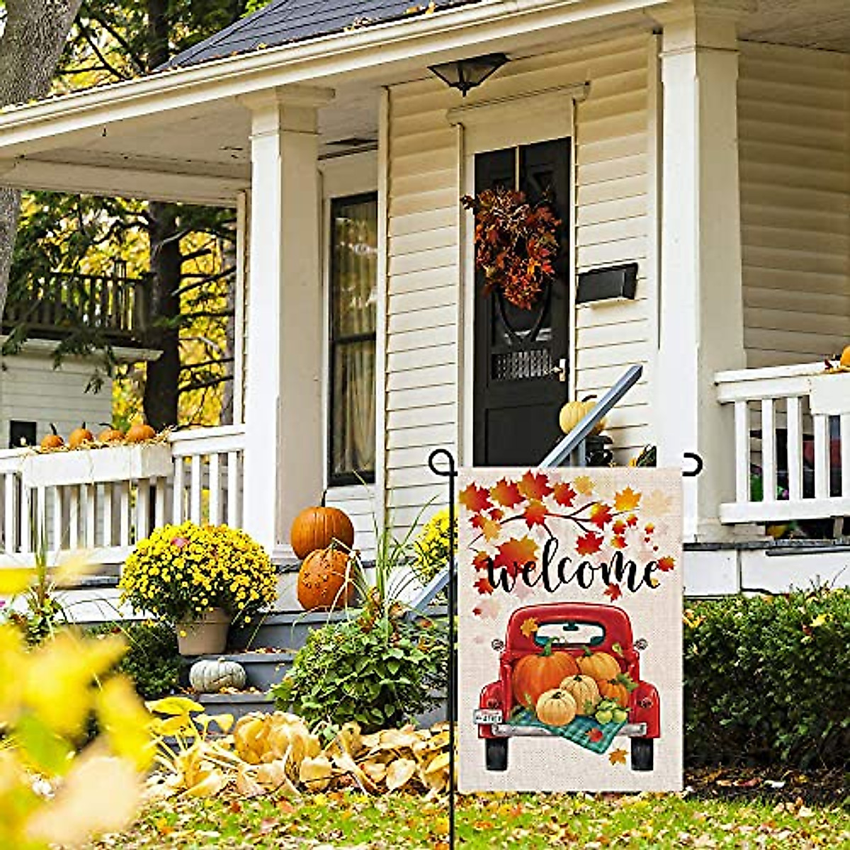 Thanksgiving Fall Welcome Garden Flags for Outside,Truck with Pumpkins Maple Leaves,Harvest Decorative Farmhouse Flag for Patch,12.5 x 18 Inch Double Sided,Small Thanksgiving Yard Flags for Autumn Outdoor Decor