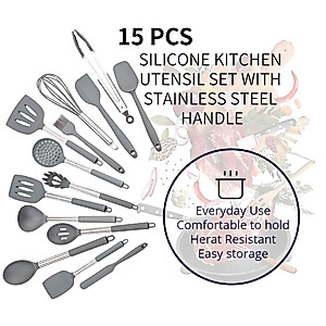 DMFC Kitchen Utensils Set 15 Pieces Kitchenware Supplies Set Silicone Stainless Steel Handle Cooking Nonstick Pot High Temperature Resistant Spatula Spoon Kitchenware.(Grey)