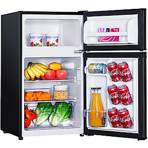 Mini Fridge with Freezer, 3.1 Cu.Ft Refrigerator 2 Doors, Unique Shelf Design, with LED Light, Adjustable Control Thermostat, Small Refrigerator for Bedroom, Office, Dorm, Garage, Black - ‎HPBFR310