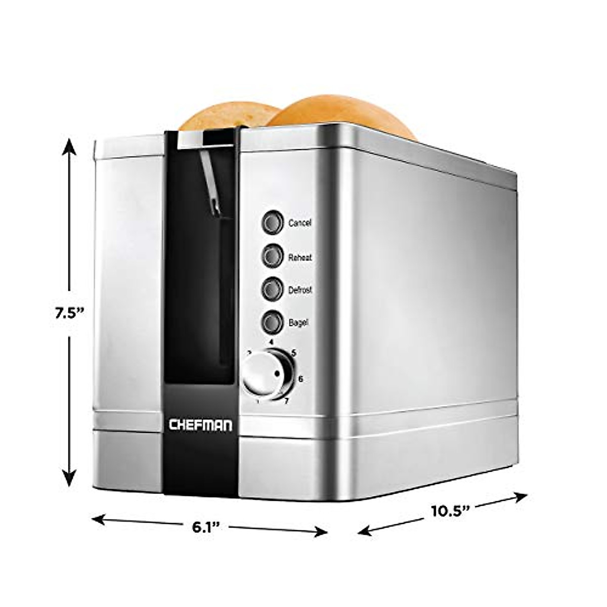 Chefman 2-Slice Pop-Up Stainless Steel Toaster w/ 7 Shade Settings, Extra Wide Slots for Toasting Bagels, Defrost/Reheat/Cancel Functions, Removable Crumb Tray, 850W, 120V, Silver