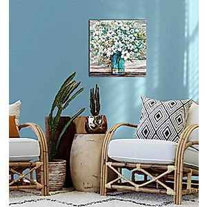 3LDECOR Country Style Canvas Wall Art Teal Blue Mason Bottle White Flower Rustic Wall Decor Art Hanging in The Bedroom Bathroom Living Room Dining Room Office Fireplace Kitchen Murals Decor