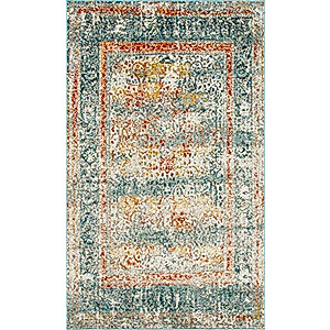Unique Loom Rosso Collection Vintage, Traditional, Bohemian, Border, Distressed, Southwestern Area Rug, 5' 0" x 8' 0", Blue/Ivory