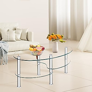 Glass Coffee Table, 3-Tier Oval-Shaped Glass Tea Table Modern Smooth Tea Table w/Spacious Glass Desk-Top Boards & Sturdy Chrome Plated Legs Home Office Reception