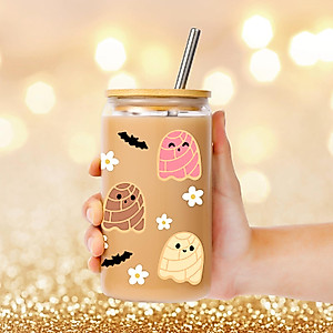 Lovearth Spooky Conchas Iced Coffee Cup, 16oz Halloween Glass Cup with Lid and Straw, Conchas Ghost Coffee Tumbler, Mexican Pan Dulce Gifts, Boo Basket Stuffers for Women, Dia de Muertos