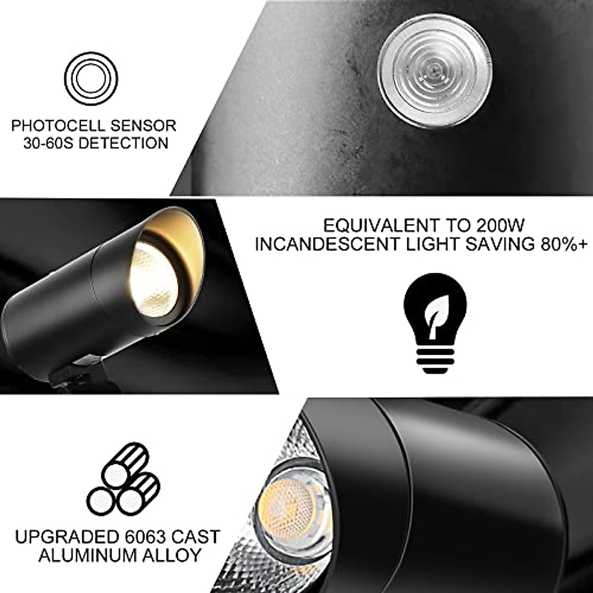 CINOTON 30W LED Landscape Lighting Outdoor with Photocell Sensor 120V Waterproof Dusk to Dawn Directional Uplight with US 3-Plug and 6.6 FT Cord Tree Flag Spotlights with Spike Stand 3000K Warm White