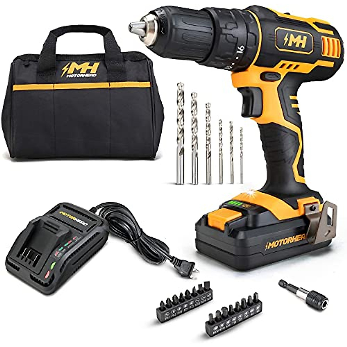 MOTORHEAD 20V ULTRA Cordless Drill Driver, Lithium-Ion, ½” Keyless Chuck, 16+1+1 Clutch, 2-Speed Transmission, Variable Speed Trigger, Built-in LED, 2Ah Battery, Charger, 22 Accessory Bits, USA-Based