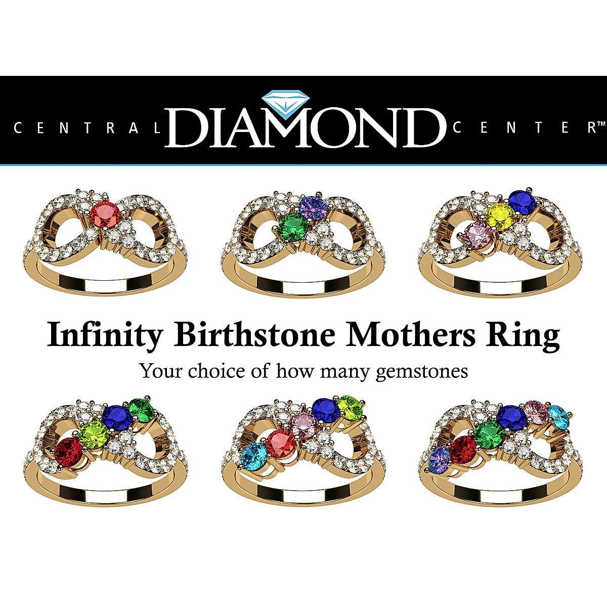 Central Diamond Center Infinity Mothers Ring with 1 to 6 Simulated Birthstones - 14k Yellow - Size 5