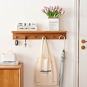 TRWISWDC Coat Rack Shelf Wall Mounted Oak Wood Entryway Shelf with 5 Hooks Wall Coat Hook Rack with Floating Shelf for Bedroom, Living Room, Kitchen (Natural,20 inch)
