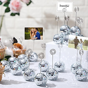 Uiifan 20 Set Picture Holders Disco Ball Table Name Card Holder Disco Ball Table Number Stands Photo Holder with Swirl Wire and Place Cards for Display Menu Wedding Party Birthday (Silver,2 Inch)