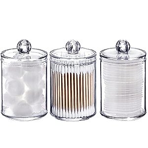 Tbestmax 3 Pack Plastic Cotton Swab Ball Pad Holder, 10 Oz Bathroom Organizer, Qtip Apothecary Jar Clear Container Dispenser