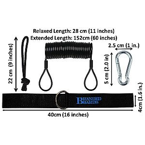 Branded Boards-Railz Steel Coiled Safety Leash, Heavy Duty Wrist Cuff, Carabiner & Paracord Loop. Boogie Board, Snowboard, Surf Board, SUP, Scooter, Snowskate, Sled, Dog Pet Lanyard (Ultimate 1-Pack)