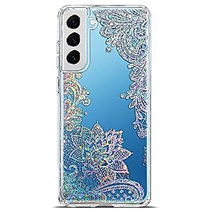 Coolwee Clear Glitter for Galaxy S22, 6.1 inch, Thin Flower Slim Cute Crystal Lace Bling Shiny for Women Girls Floral Plastic Hard Back Soft TPU Bumper Protective Cover for Samsung S22 Mandala Henna